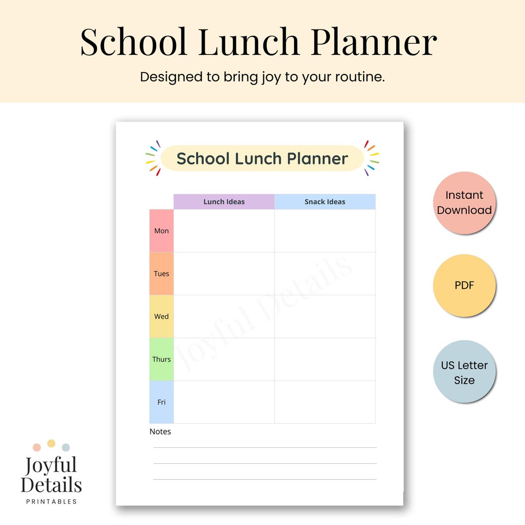 School Lunch Planner Printable | Weekly Lunch & Snack Idea Tracker for ...