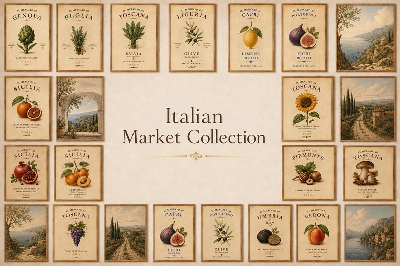 25 Italian Market Printable Wall Art Set, Mediterranean Vintage Kitchen ...