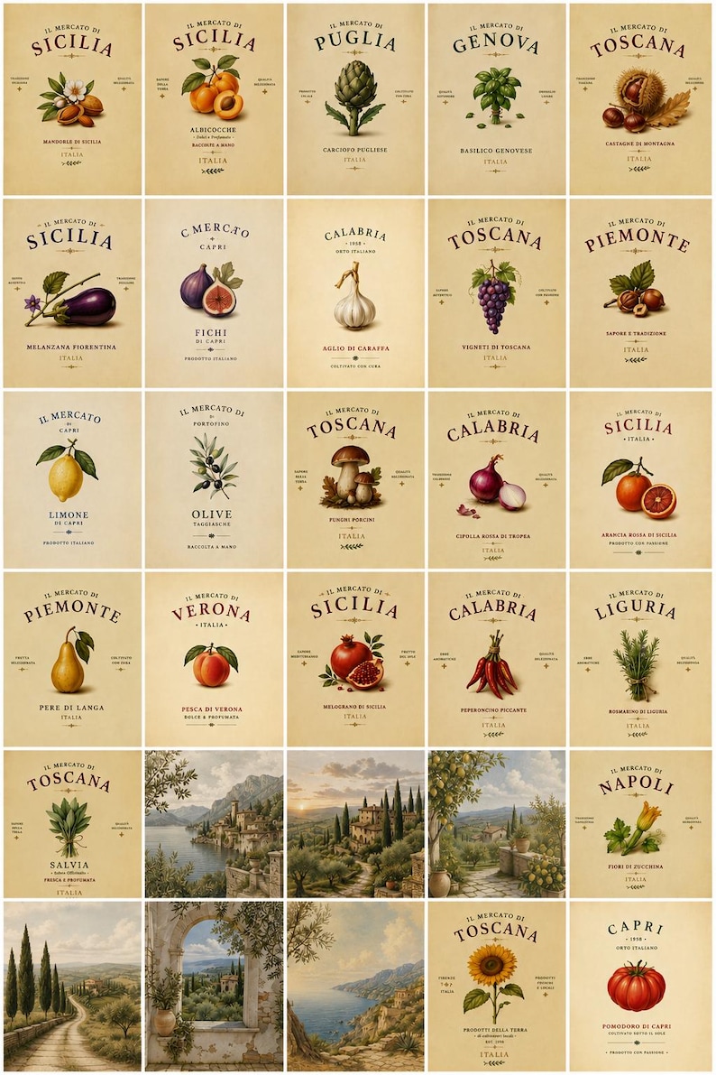 25 Italian Market Printable Wall Art Set, Mediterranean Vintage Kitchen ...