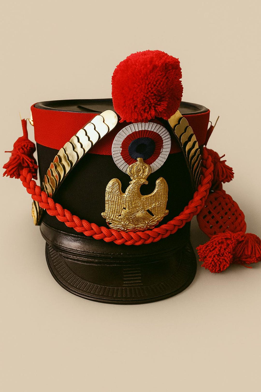 Napoleonic Leather Shako Helmet: French Military Reenactment With Red ...