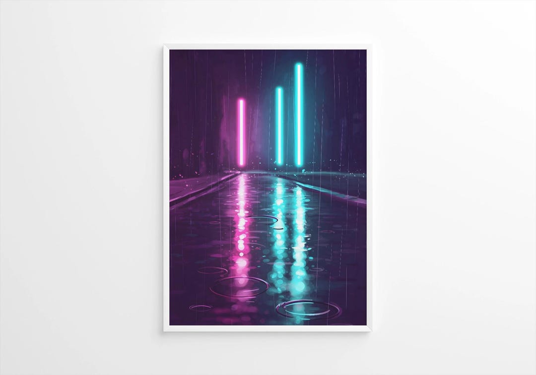 Neon Rain Puddle Digital Art | Cyberpunk City Lights Print | Abstract ...