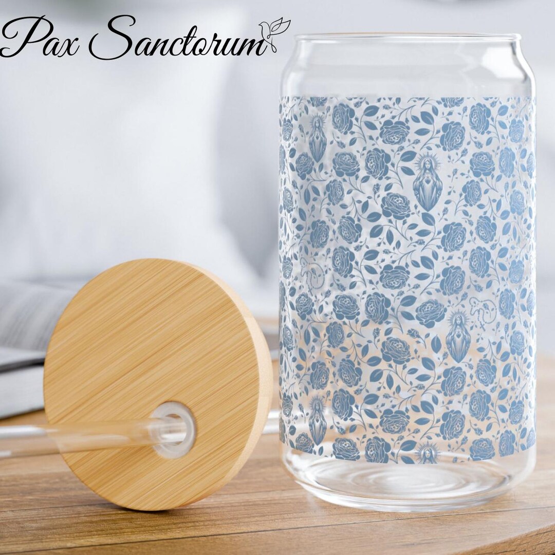 Marian Blue Toile Glass Iced Coffee Tumbler With Immaculate Heart of ...