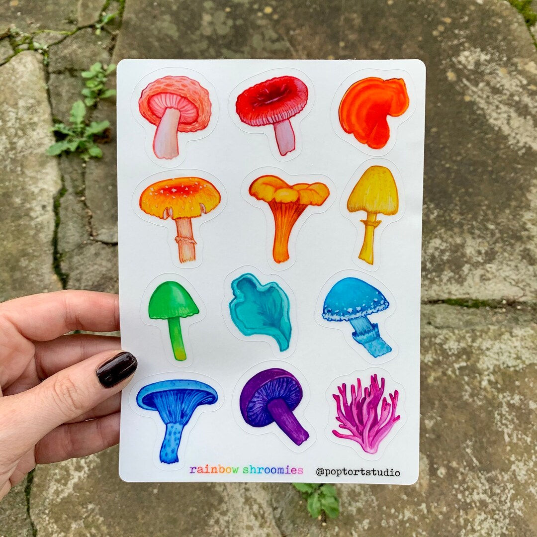 Rainbow Mushroom Sticker Sheet - Clear Outlines, Mushroomcore ...