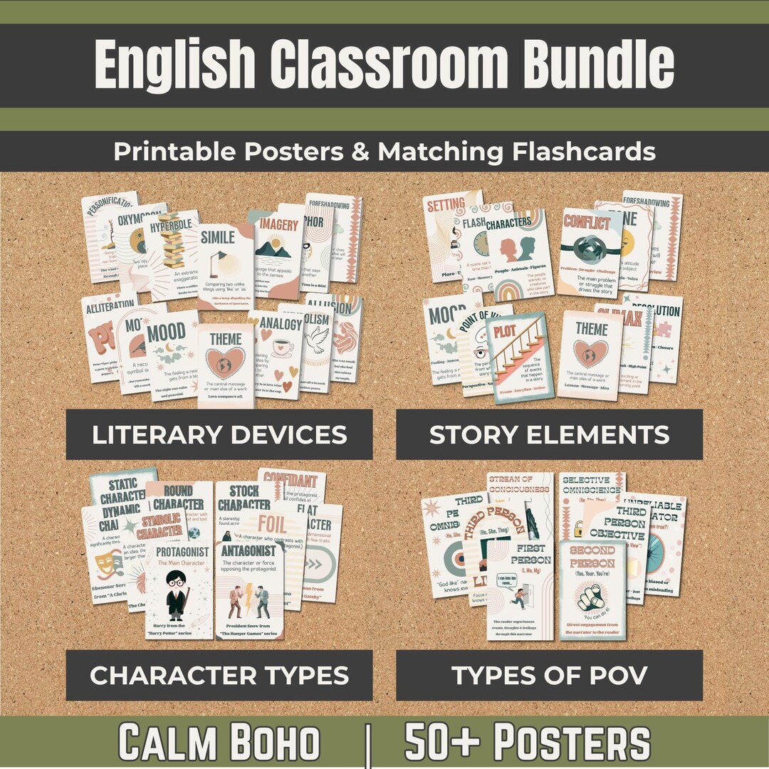 Calm Boho ELA Classroom Poster & Flashcard Bundle: Literary Devices ...