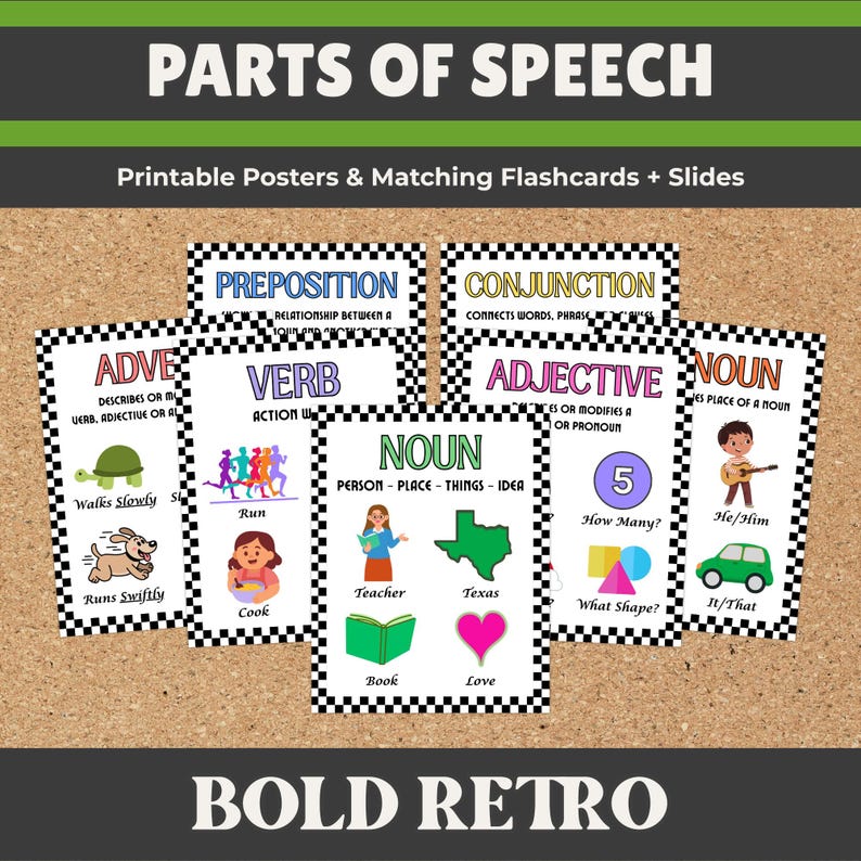 Parts of Speech Posters, Flashcards & Slides Set | Bold Retro Grammar ...