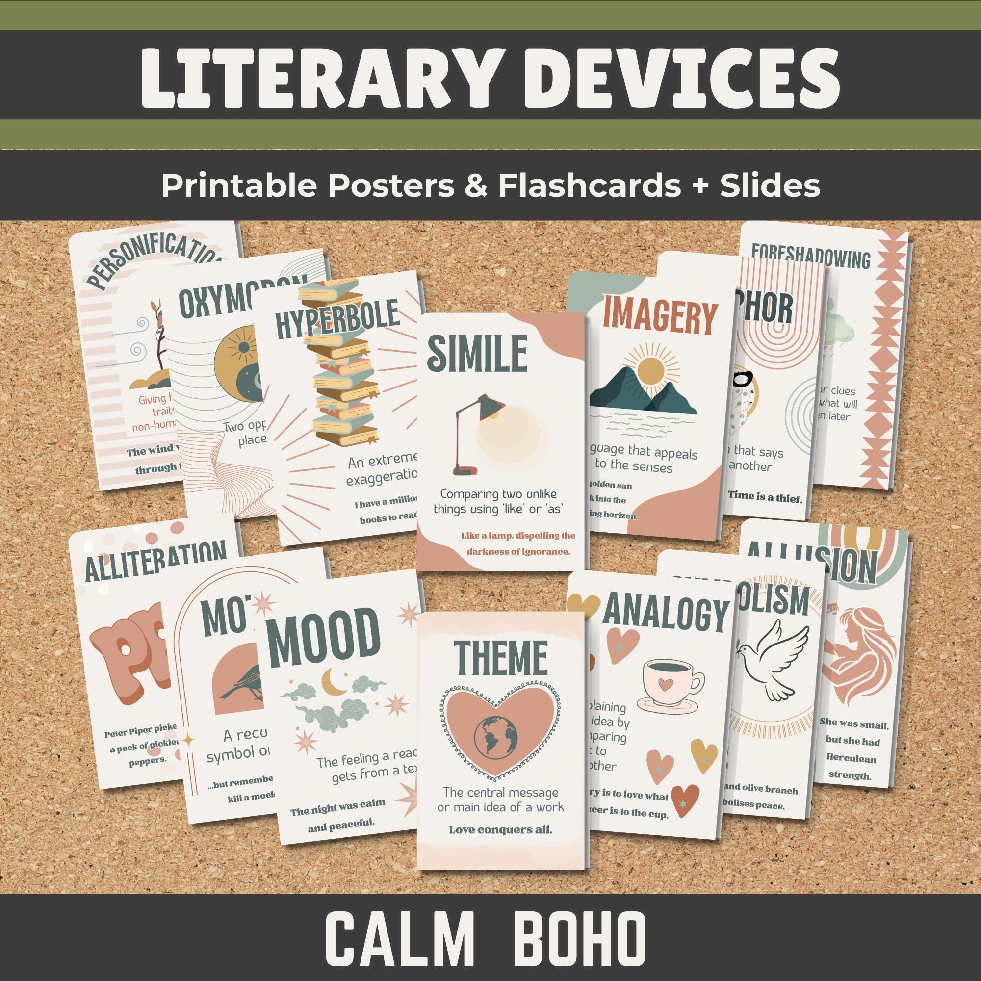Literary Devices Classroom Posters & Flashcards + Slides Set | Calm ...