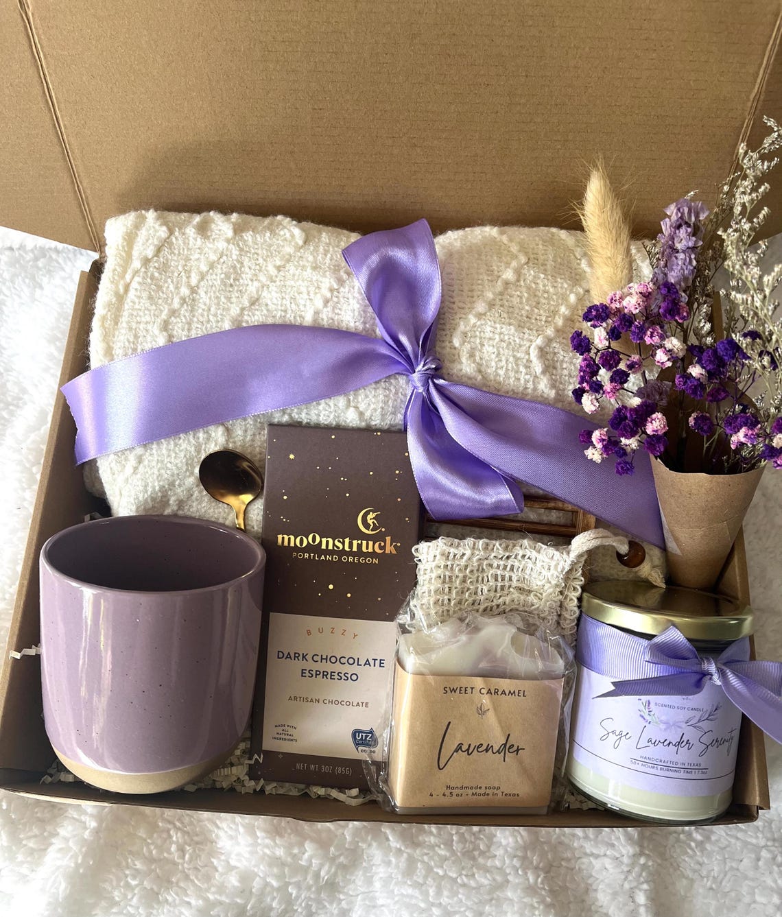 Lavender Cozy Self Care Gift Box for Her | Relaxation Gift Set With ...
