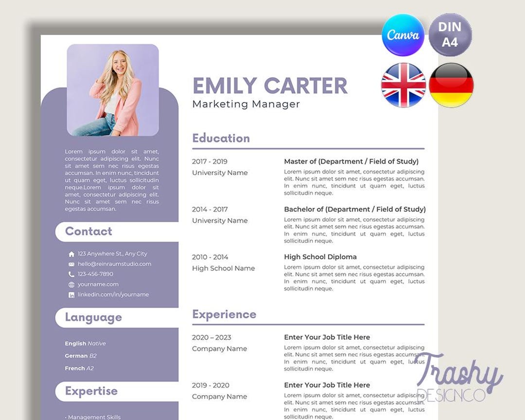 Canva Resume Template | Professional CV in English & German | Modern ...