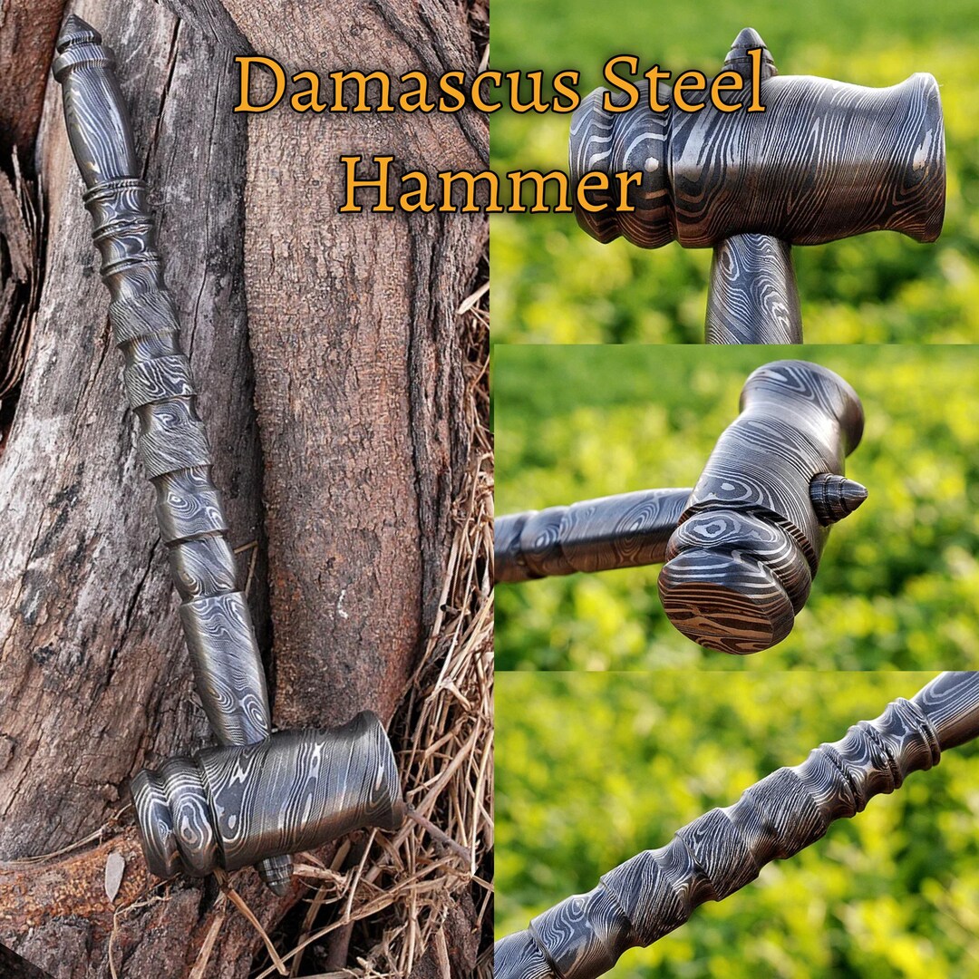 Hand-forged Damascus Hammer | Medieval Replica | Viking Fantasy Prop ...