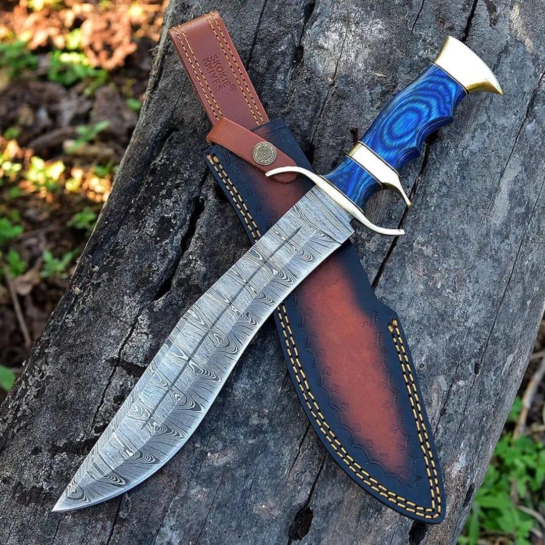 Custom Handmade Bowie Knife, 10" Damascus Blade, Blue and Gold Grip ...
