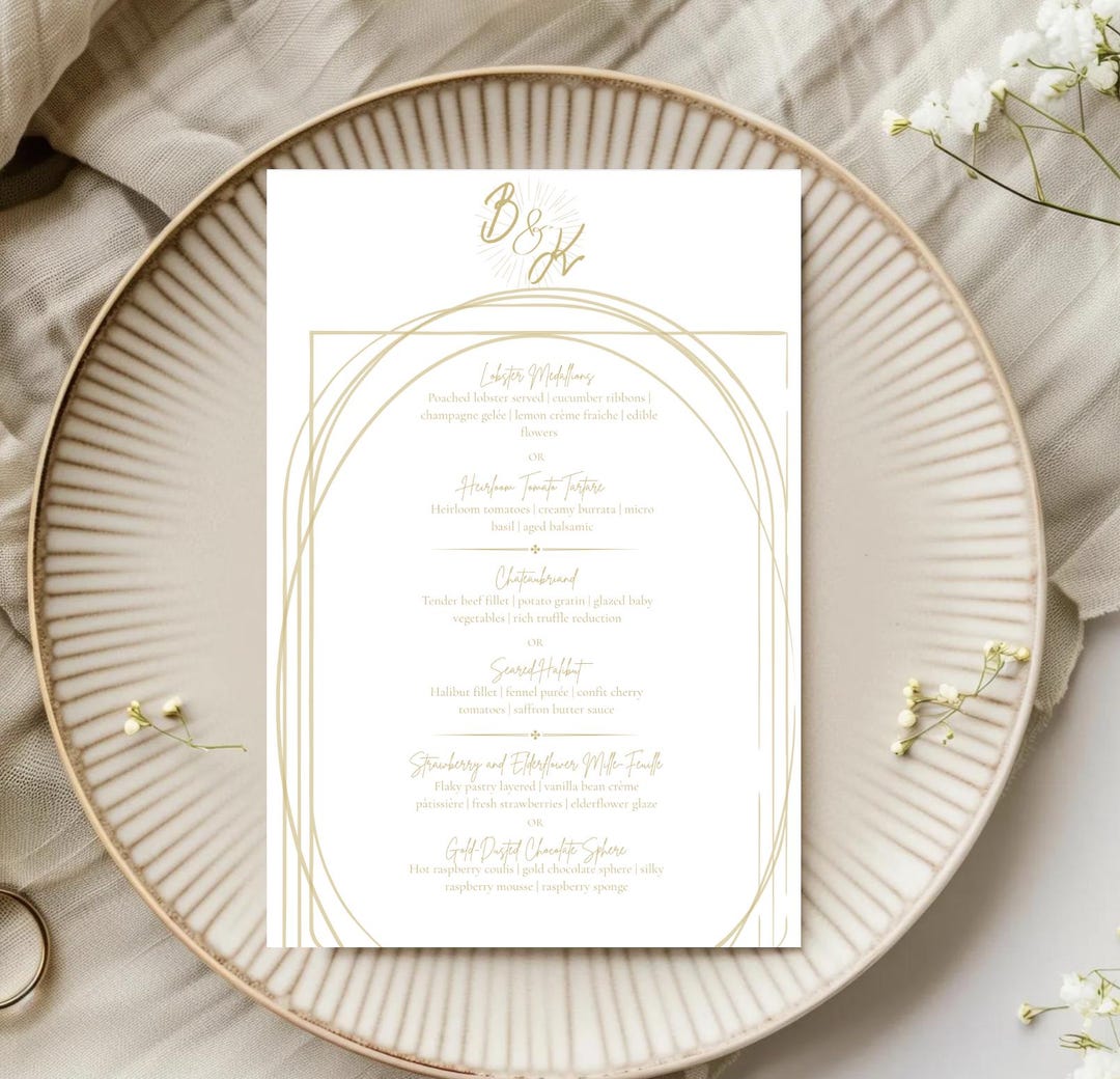 Elegant Gold Wedding Menu Template - Editable White & Gold Canva Design ...