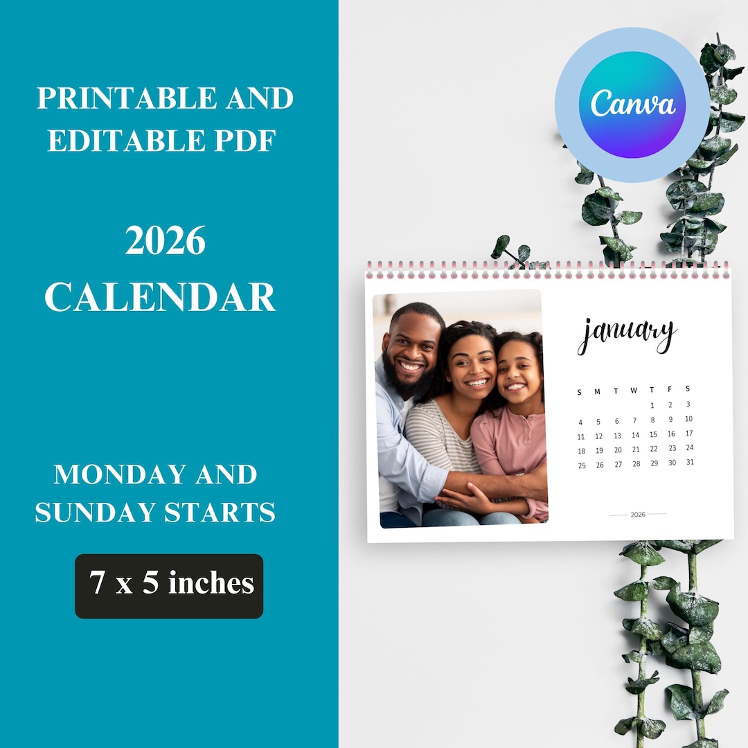 Editable 2026 Calendar 7x5 Inches Printable PDF, Minimalist Small Desk ...