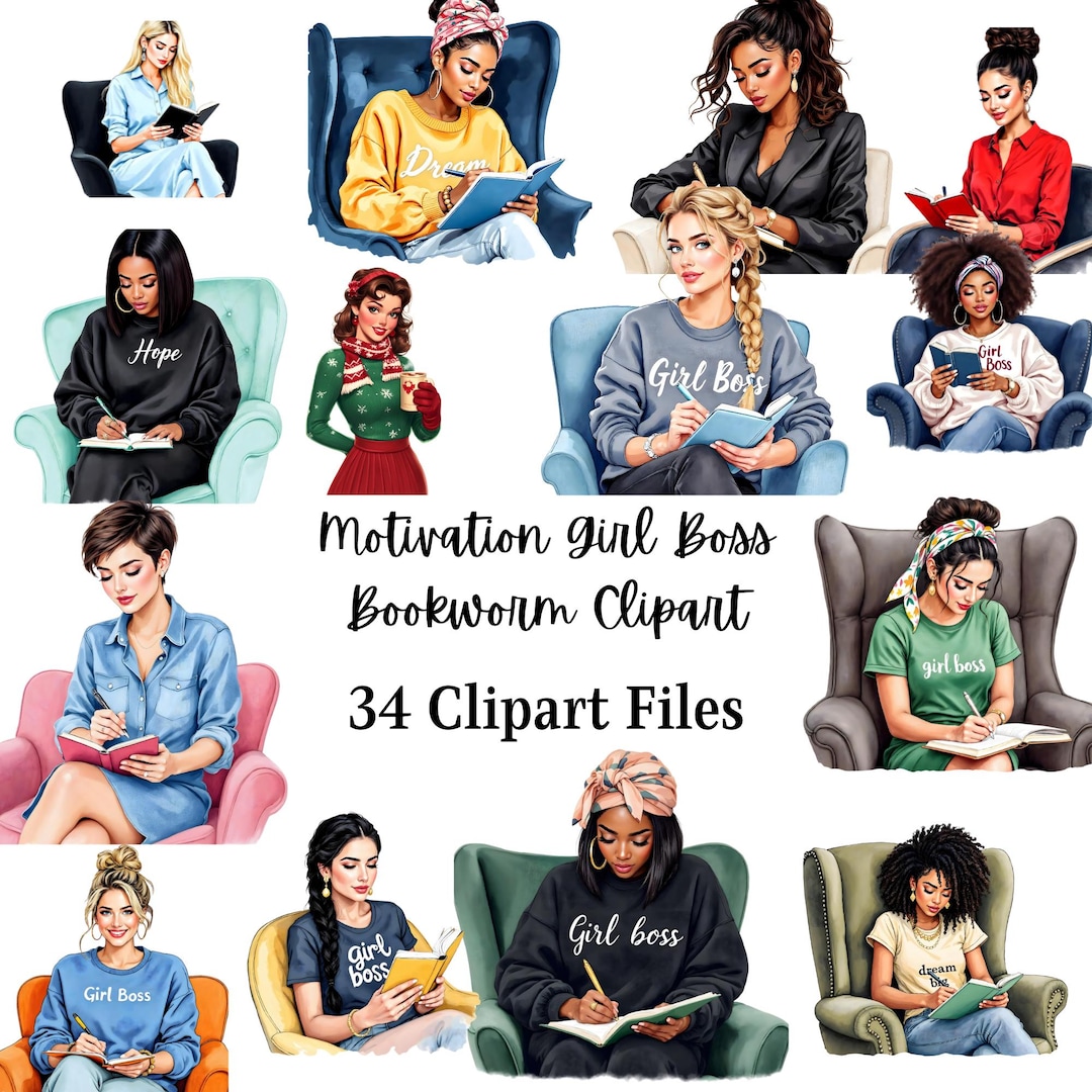 Girl Boss Bookworm Clipart PNG Bundle, Feminine Planner & Branding ...
