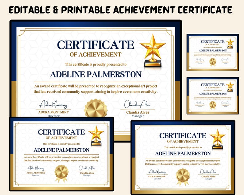 Editable Certificate of Achievement Template: Custom Printable Award ...