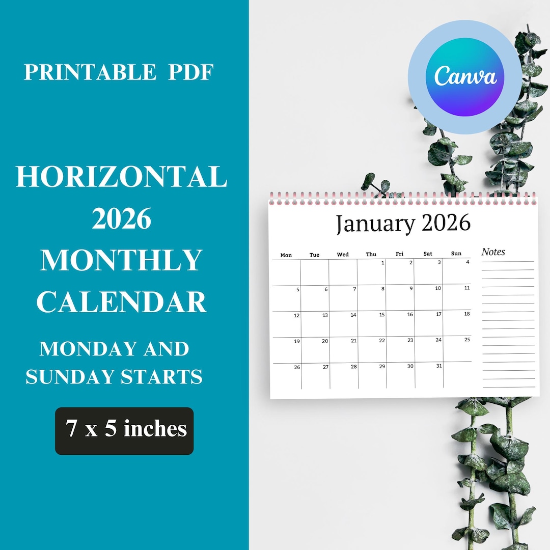 Printable 2026 Horizontal Monthly Calendar 7x5 PDF, Minimalist Planner ...