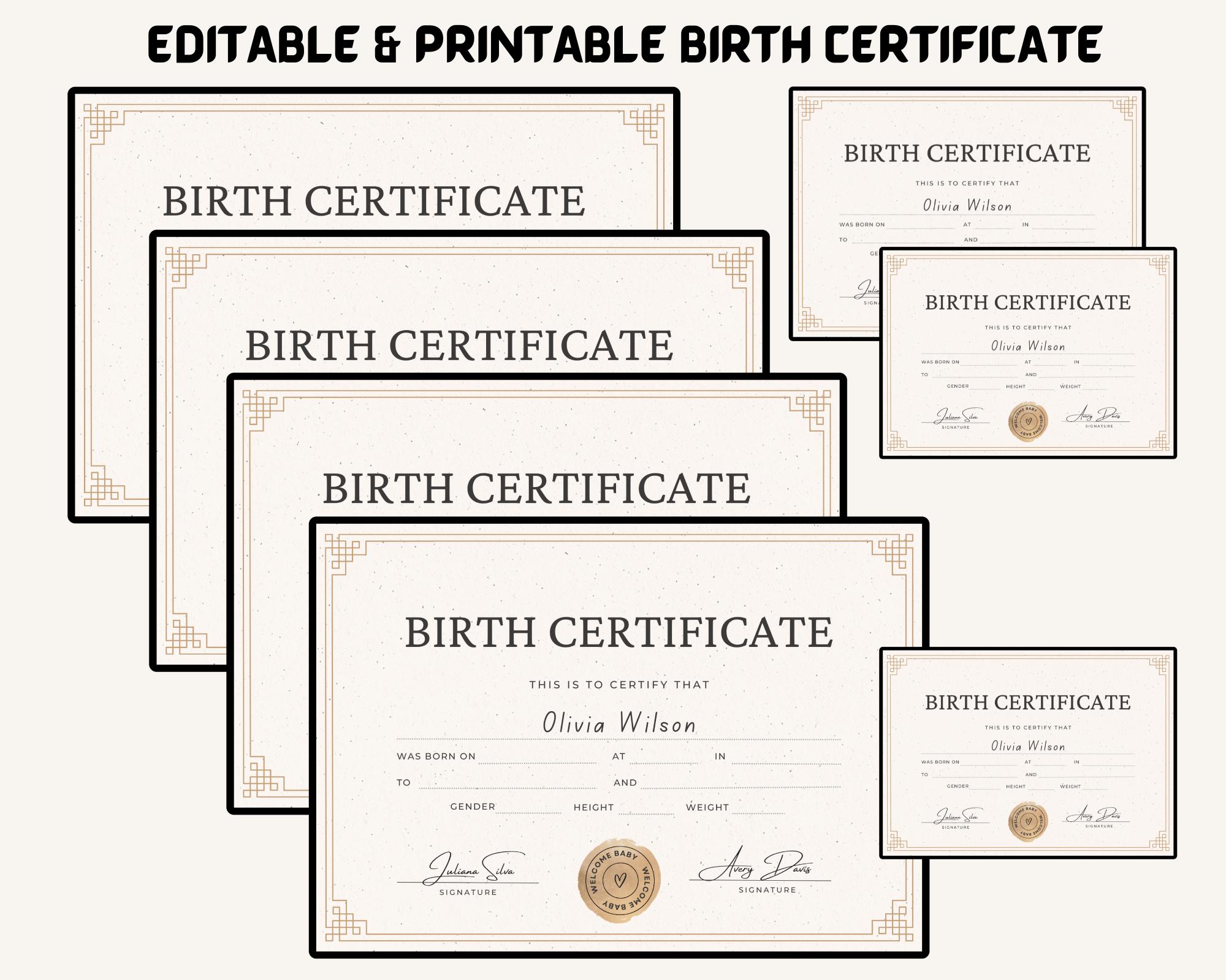Editable Baby Birth Certificate Template: Printable Newborn Keepsake ...