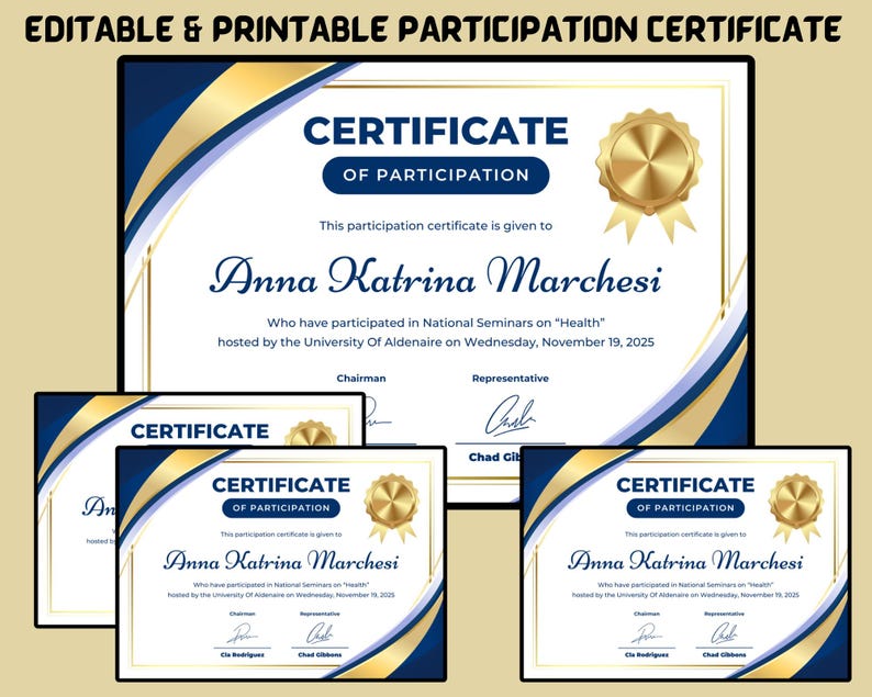 Editable Participation Certificate Template: Printable Award (PDF ...