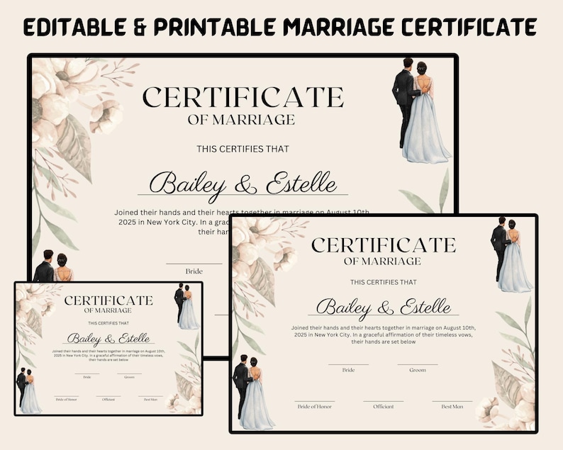 Personalized Marriage Certificate Template | Editable PDF| Printable ...