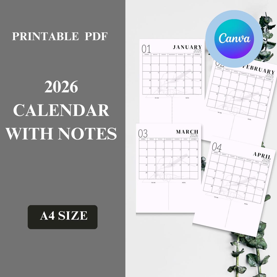 Printable 2026 Calendar With Note A4 PDF Minimalist Monthly Planner ...