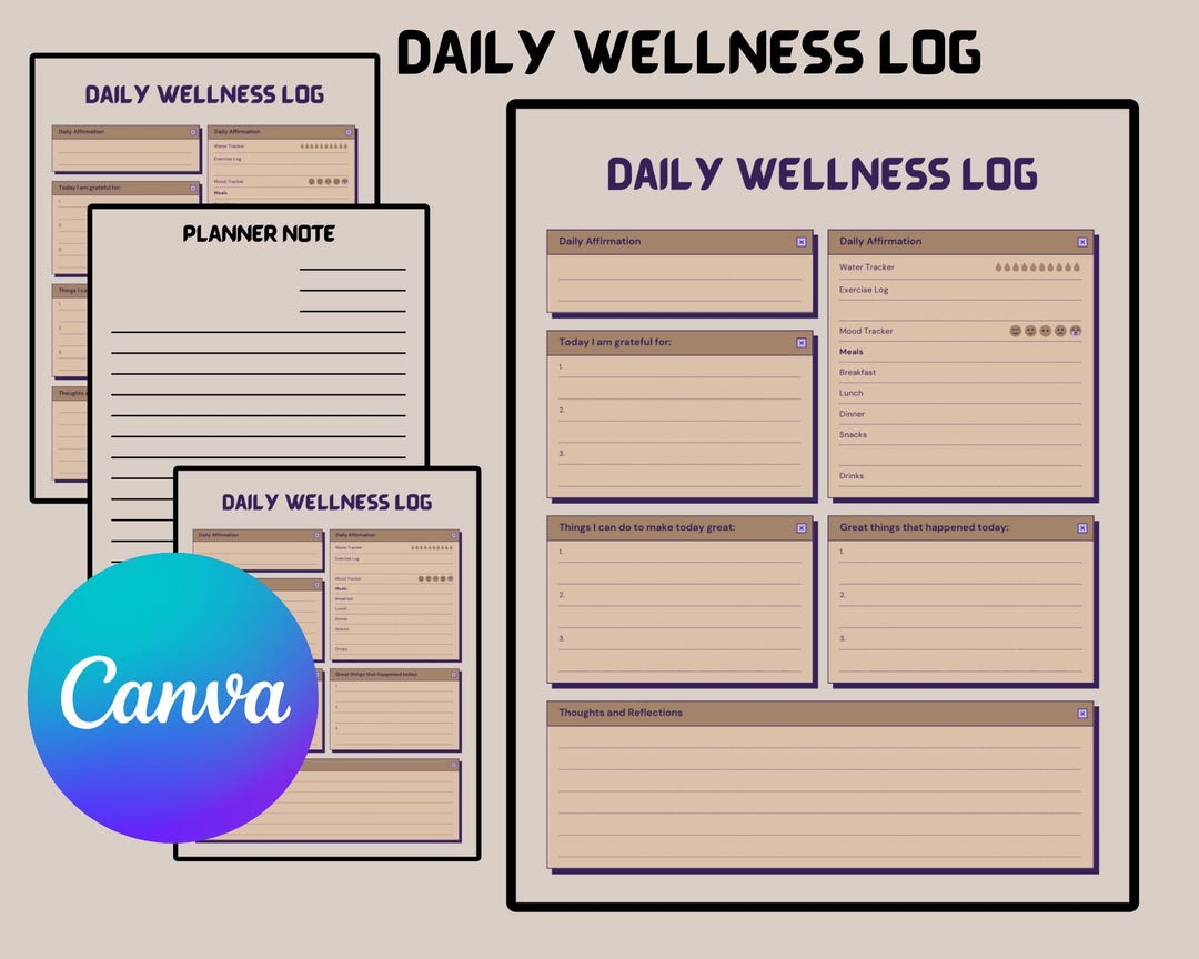 Daily Wellness Log Printable, Mental Health Planner, Mood Tracker, Meal ...