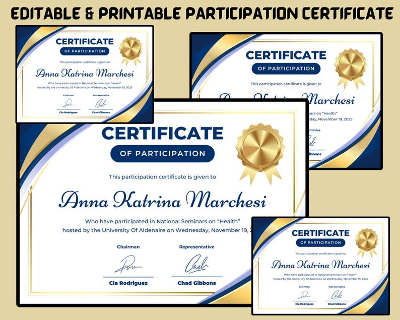 Editable Participation Certificate Template: Printable Award (PDF ...