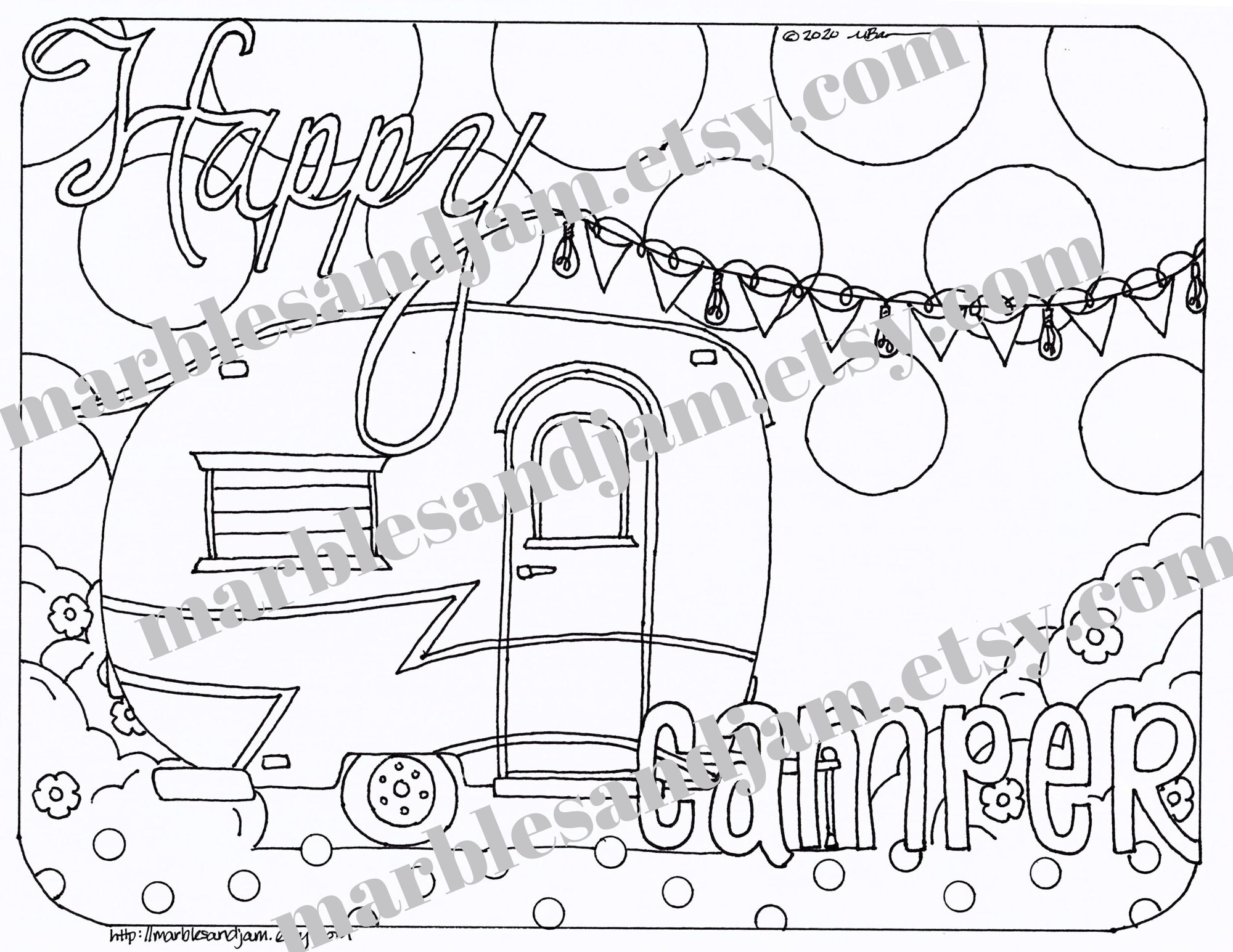 Happy Campers Vintage Trailer Caravan Coloring Page, Adult Coloring - Etsy
