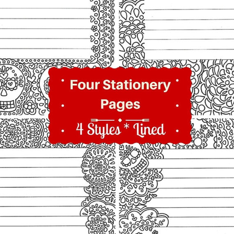 Lined Stationery Pages Set of of 4 Printable Adult Coloring - Etsy