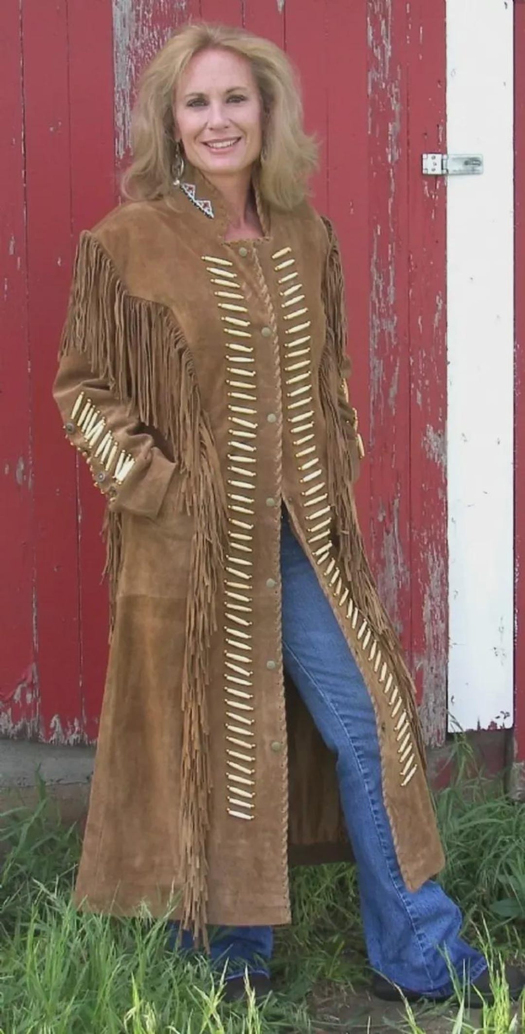 Women Suede Western Style Leather Coat With Fringe - Tan Brown Long ...