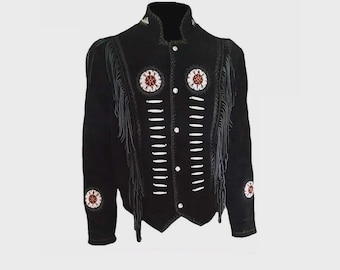 Men Native America Cultural Western Cowboy Suede Leather Jacket Fringe ...