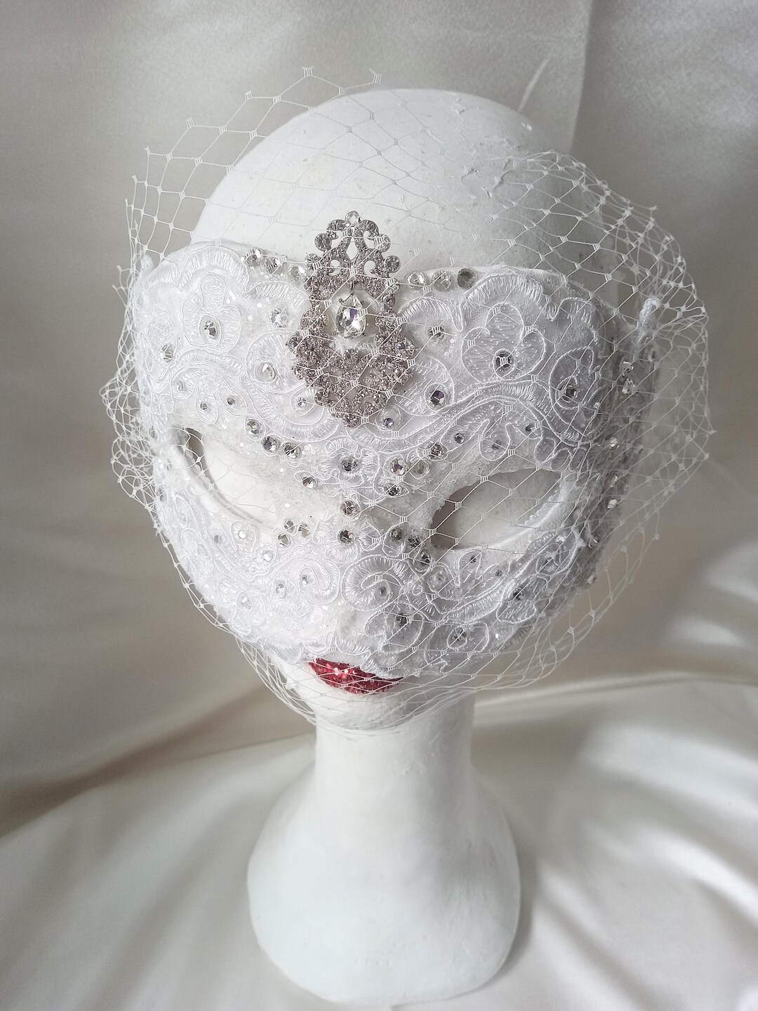 White Lace Crystal Masquerade Mask-handcrafted Papier Mache Mask With ...