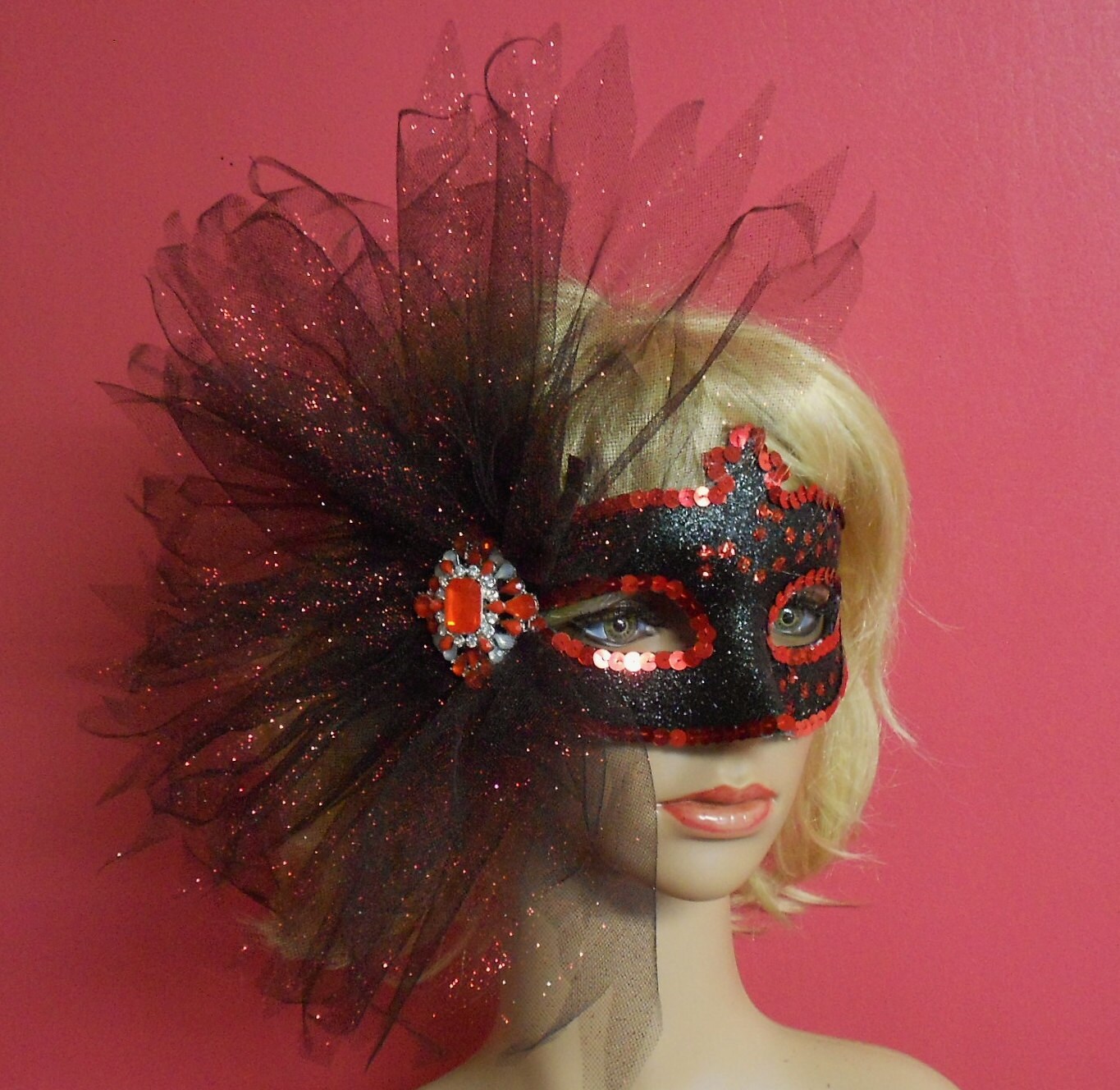 Black Glitter Masquerade MaskRed Party Mask Tulle Fan Black | Etsy