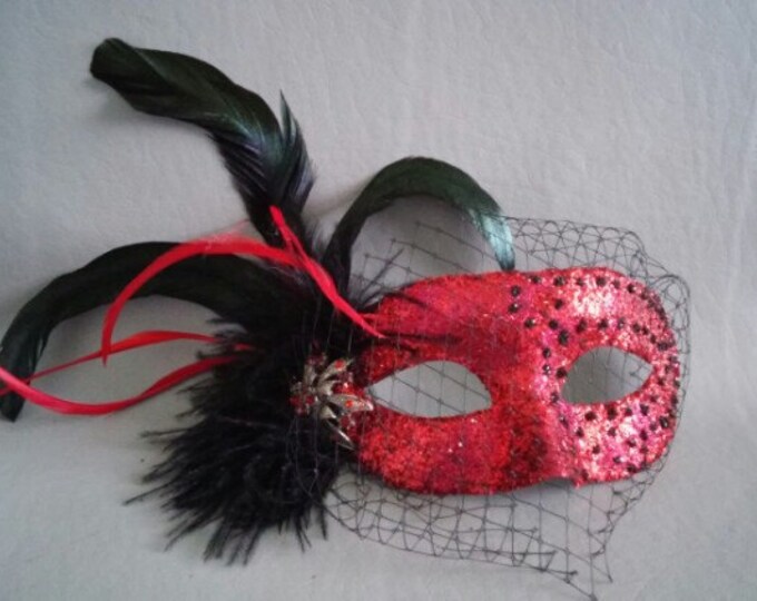 Masquerade Mask,red Shimmer Mask,birdcage Veil Black Feather Mask, Red ...