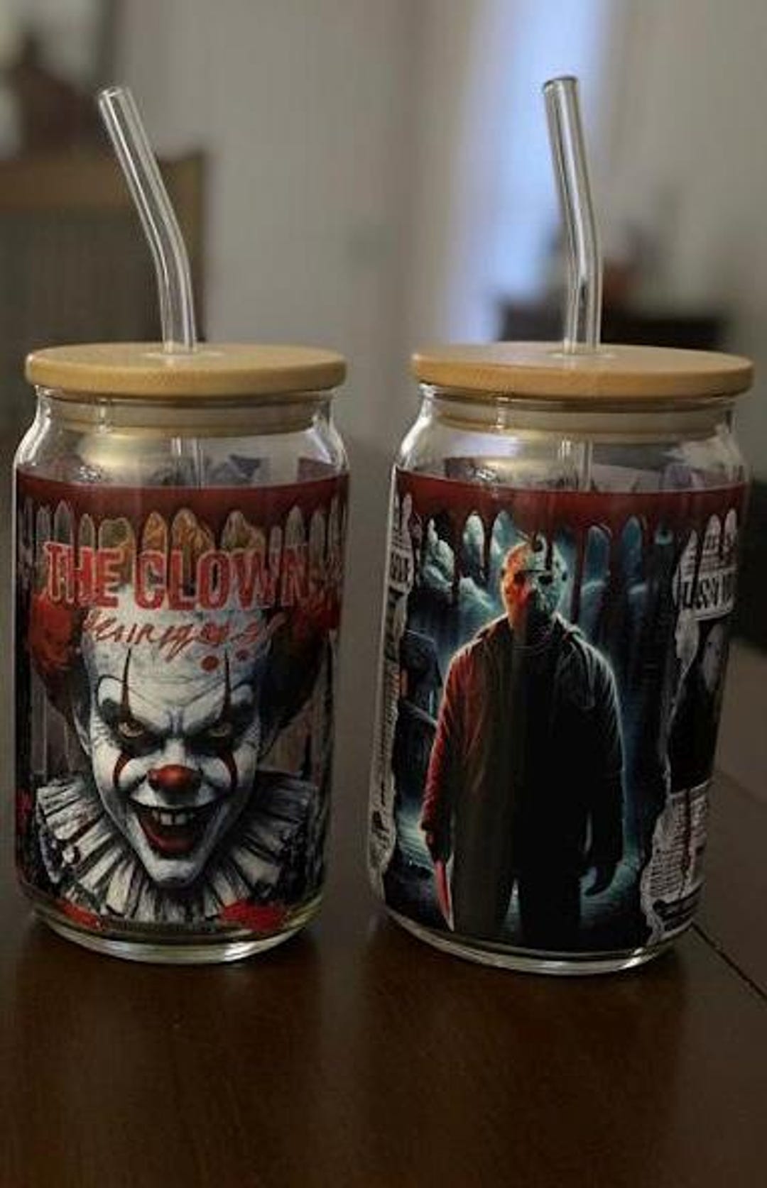 Horror Theme Glass Drinking Mason Jar With Bamboo Top and Straw. - Etsy