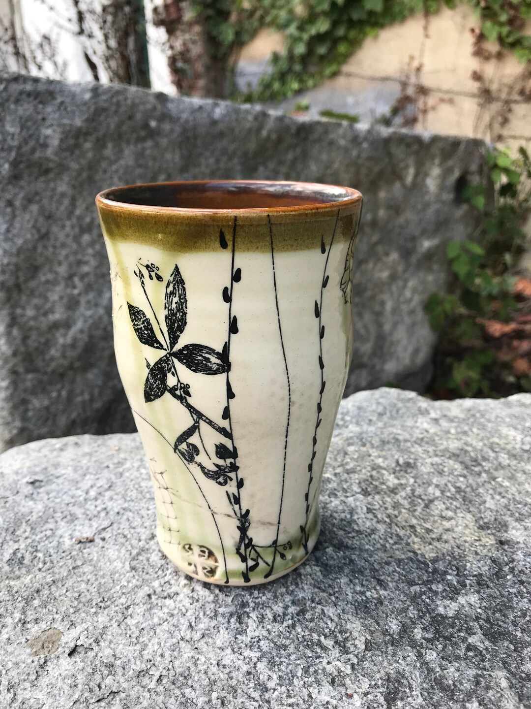 Illustrated Botanical Pottery Tumbler With Slick Graphics of Plants and ...