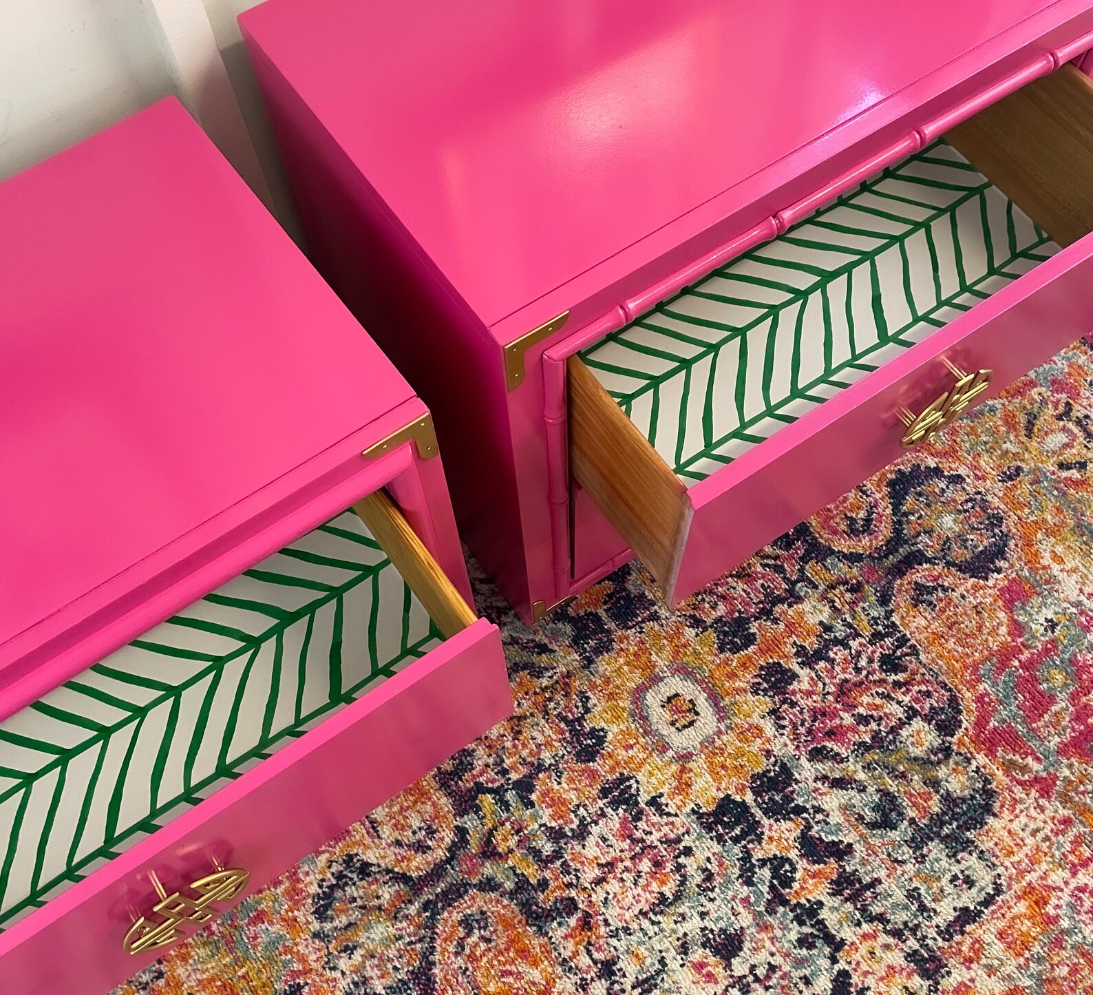 Glossy Hot Pink Nightstands With Asian Inspired Hardware & Papered ...