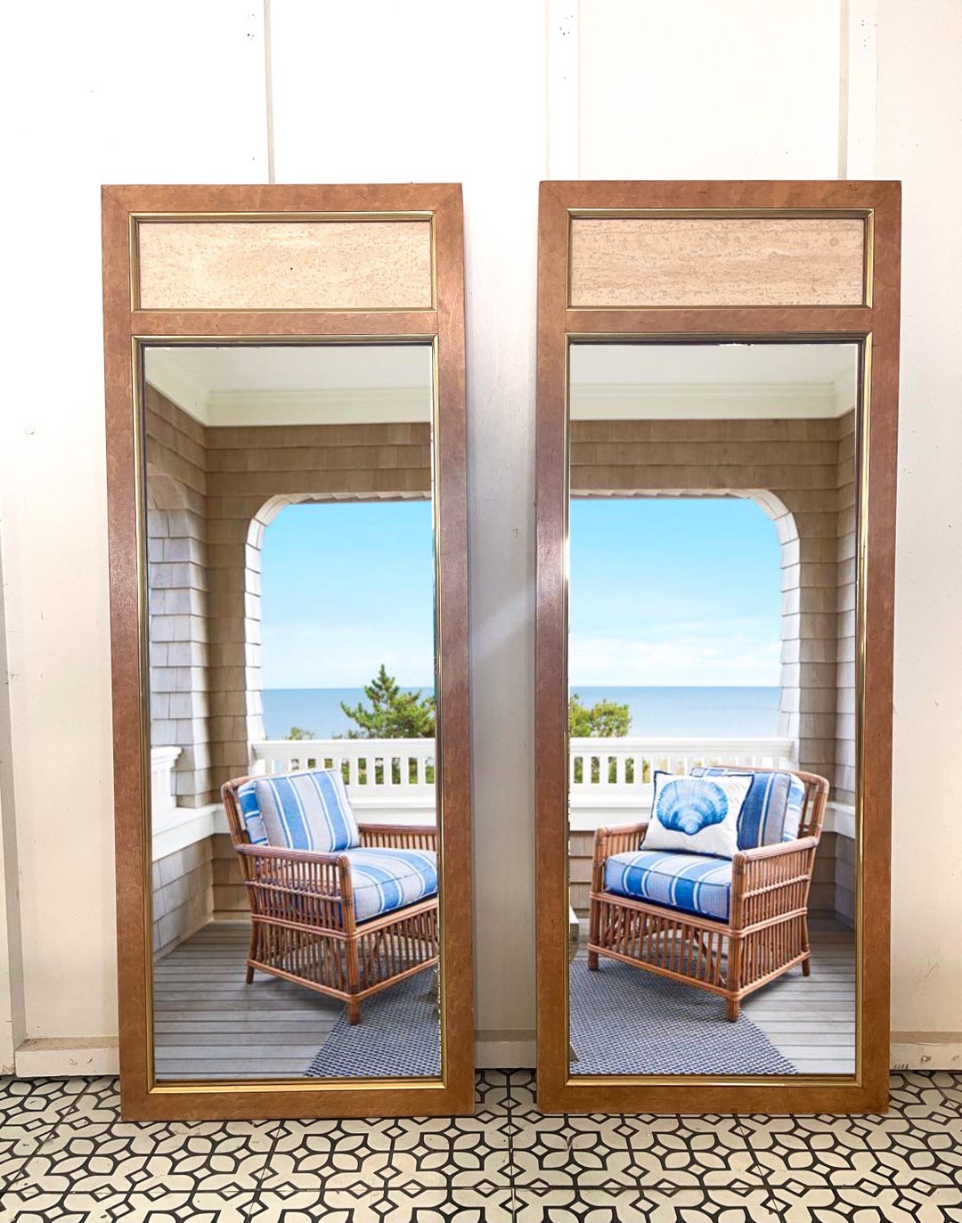 Rare Set of Matching Vintage Mirrors Featuring Burl Design, Marble ...
