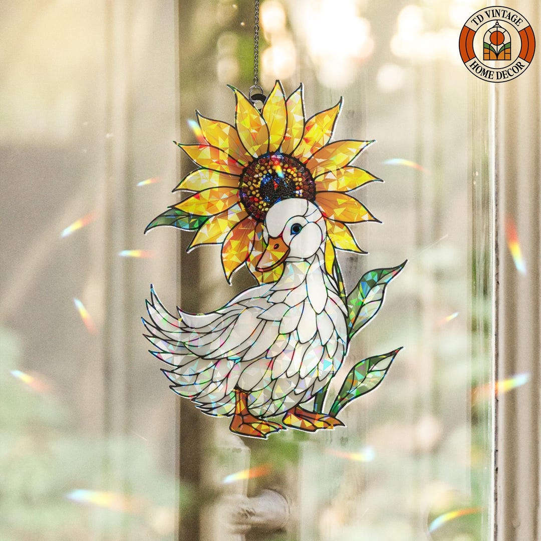 Sunflower Goose Stained Glass Window Hanging, Whimsical Farmhouse ...