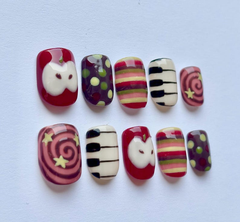 Whimsical Fruit Press-on Nails: Apple Design, Custom Fit - Etsy