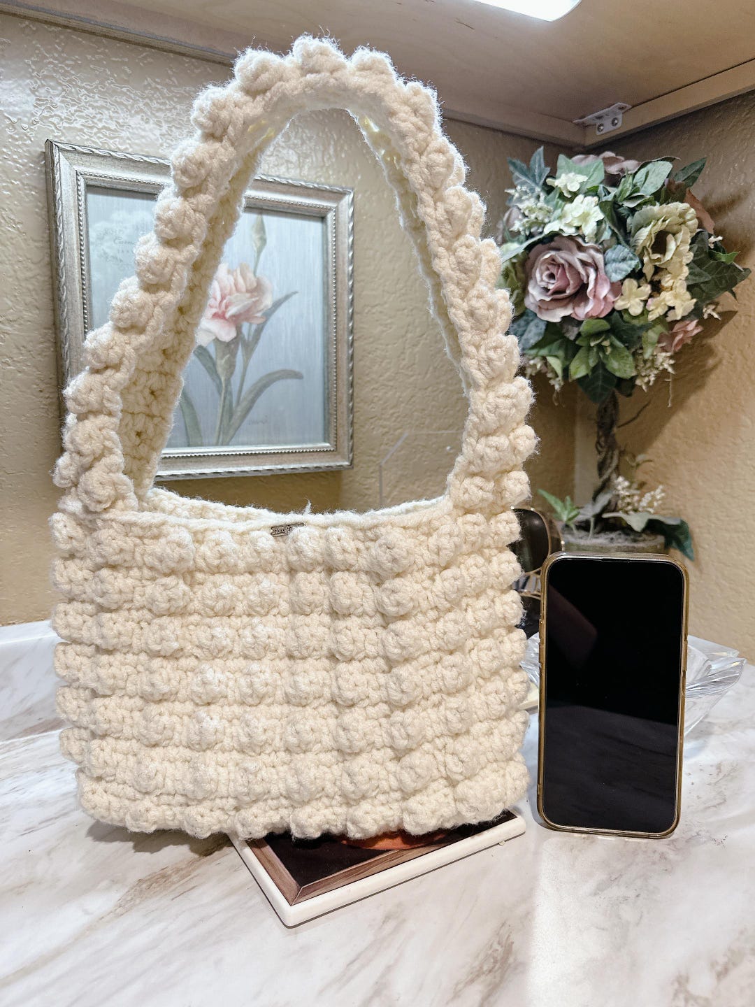 Handmade Cream Bobble Crochet Shoulder Bag – Chunky Purse – Popcorn ...