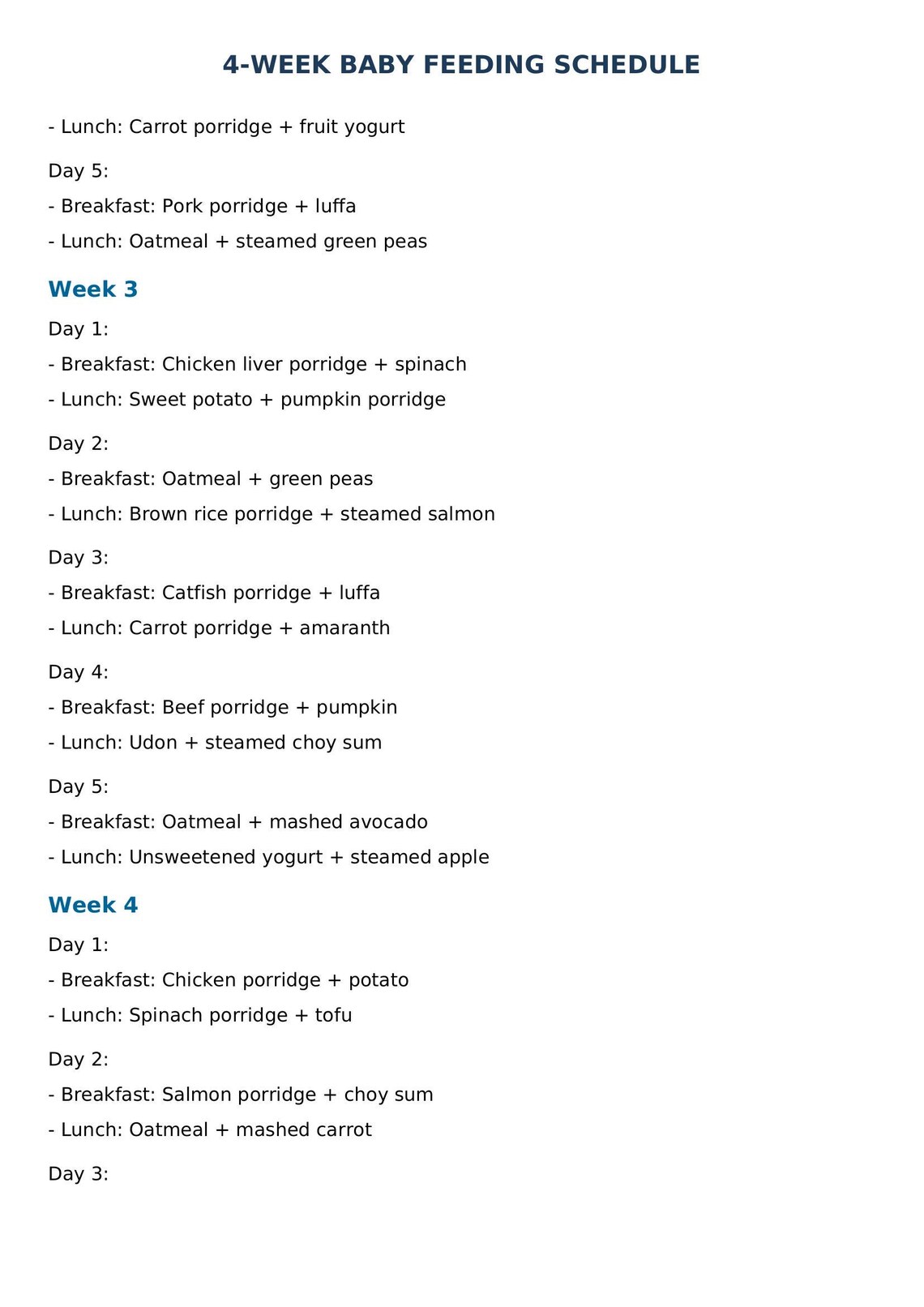 4-week Baby Feeding Schedule | Printable Weaning Meal Planner ...
