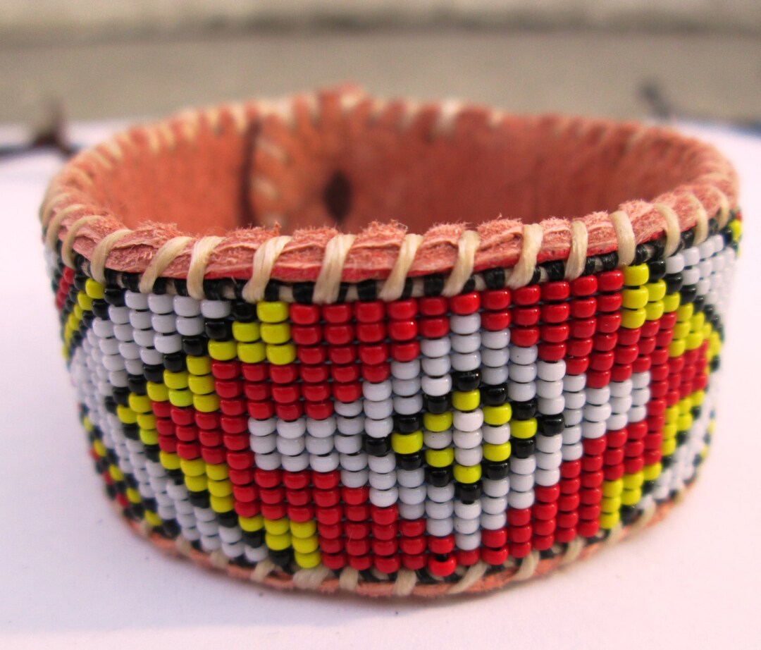 Native American Inspired Red and White Petite Beaded Cuff Bracelet on ...