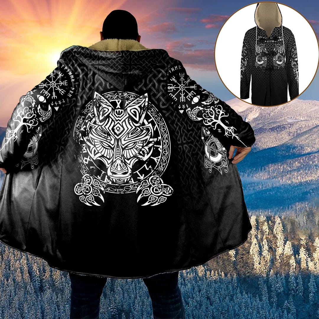 Viking Mythology Winter Cloak: Norse Fenrir Wolf Sherpa Hooded Apparel ...