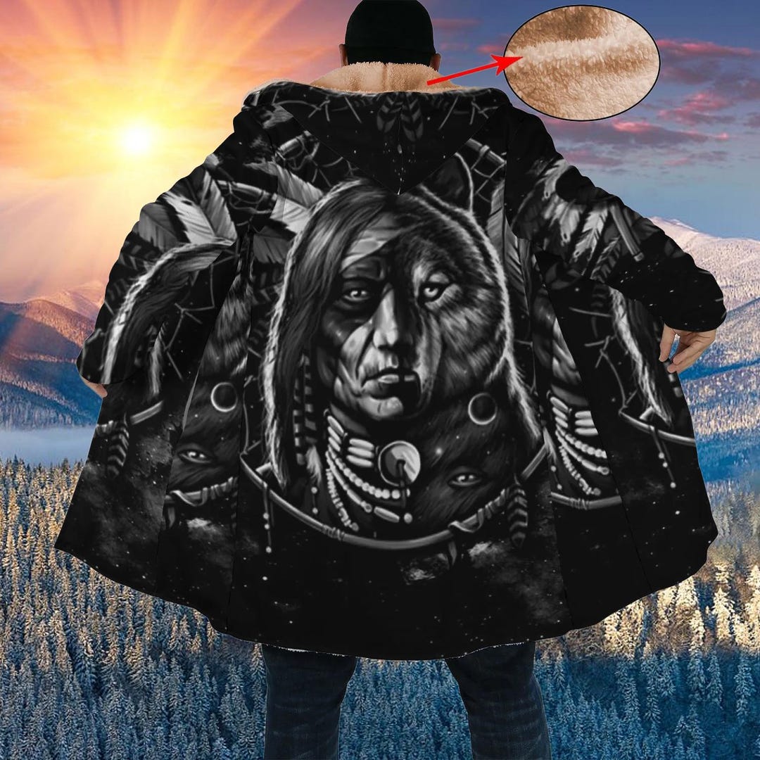 Personalized Native Warrior Cloak: Sherpa Lined Black Hooded Winter ...