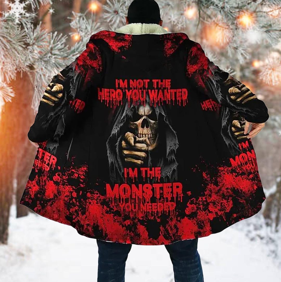 Skull Monster Cloak, Gothic Quote Sherpa-lined Hooded Coat, Red and ...