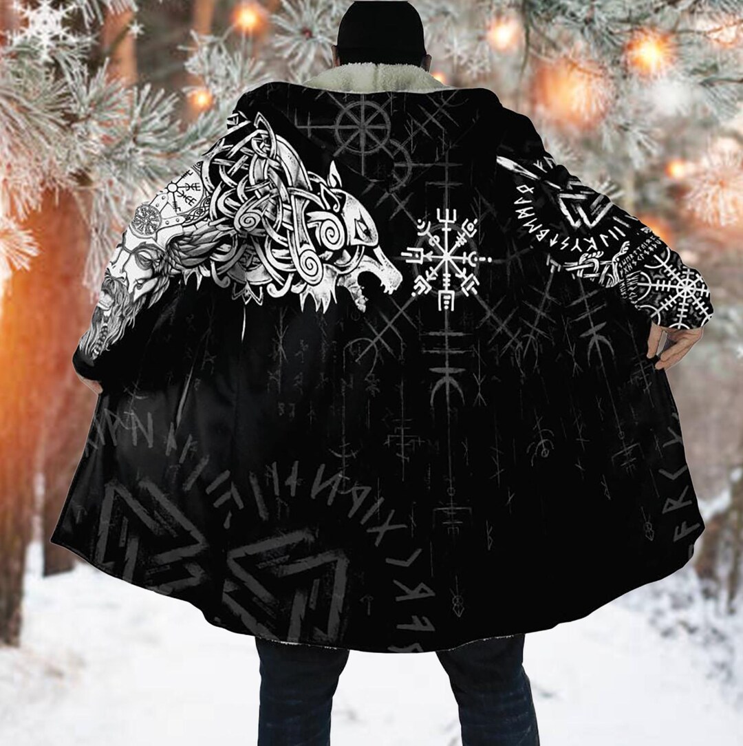 Fenrir Wolf Rune Cloak, Norse Symbol Hooded Coat, Fleece-lined Viking ...
