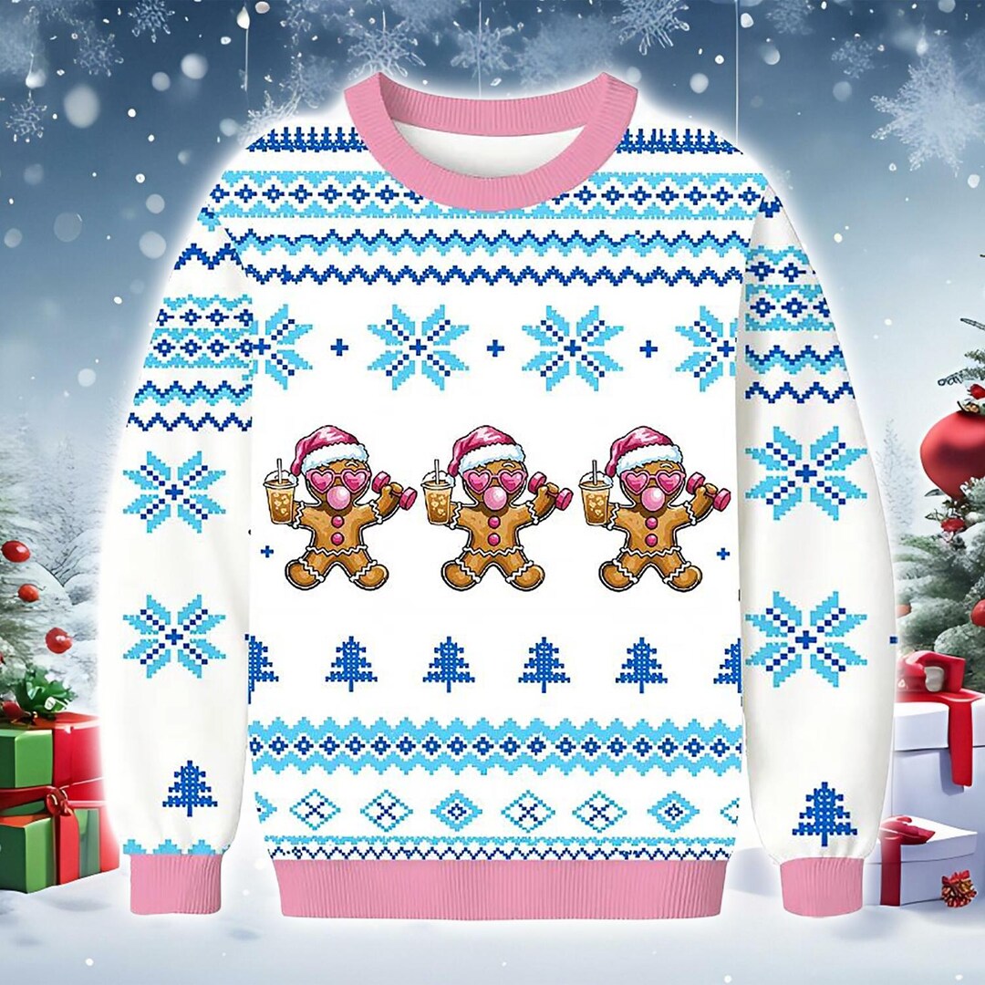 Gingerbread Christmas Sweater, Knit-style White Blue Holiday Sweatshirt ...