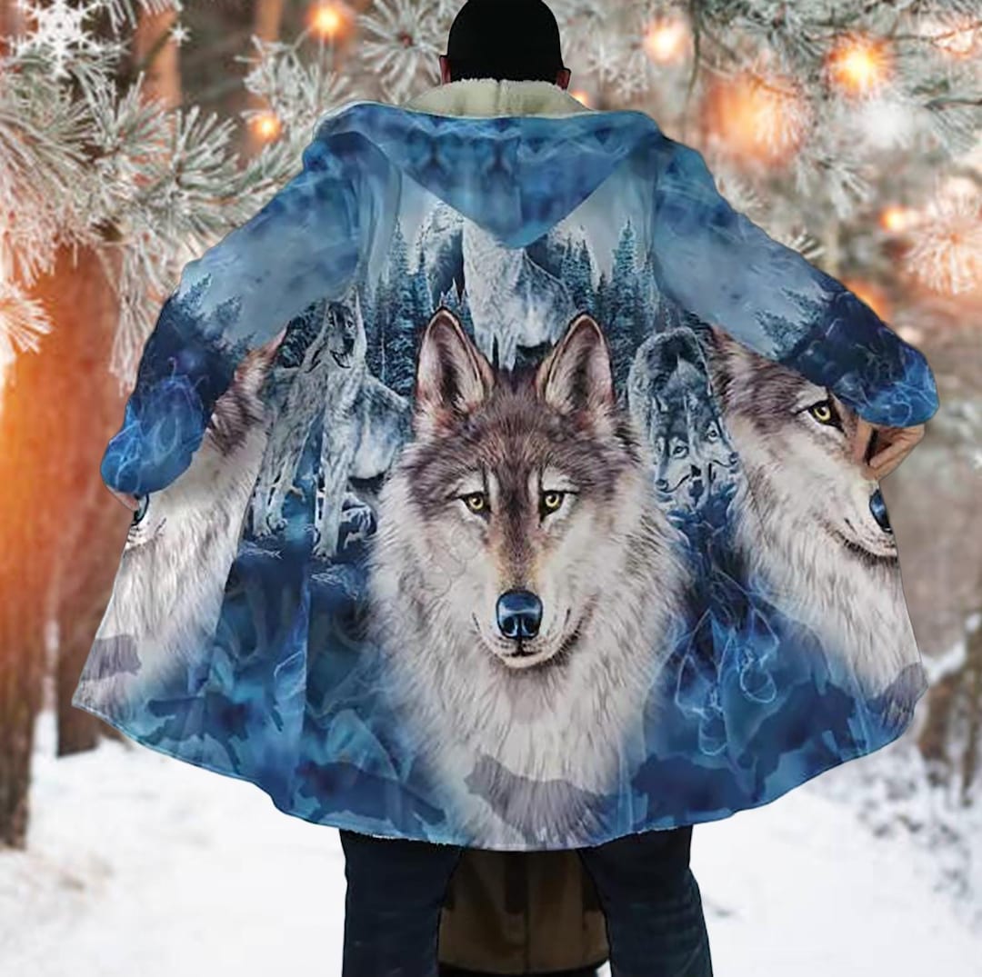 Blue Wolf Spirit Cloak, Winter Forest Animal Hooded Coat, Fleece-lined ...