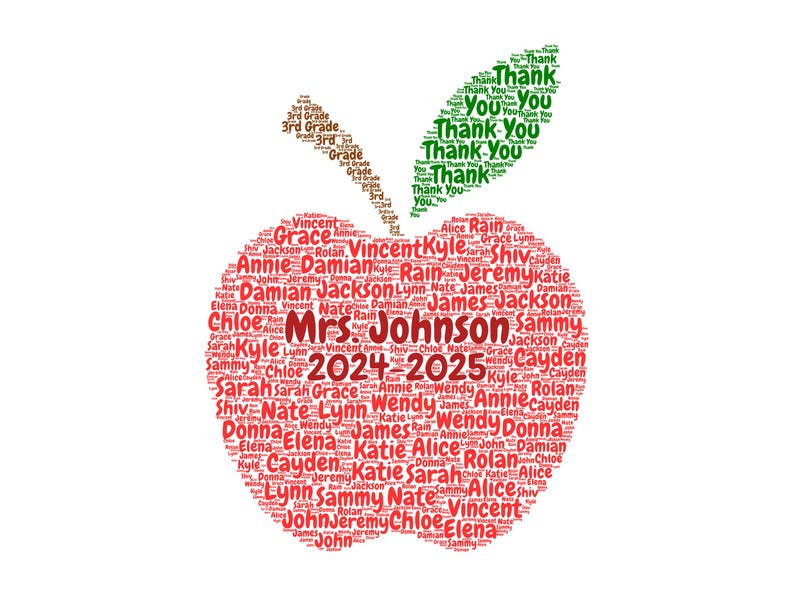 Personalized Teacher Word Cloud – Apple With Student Names – Custom ...
