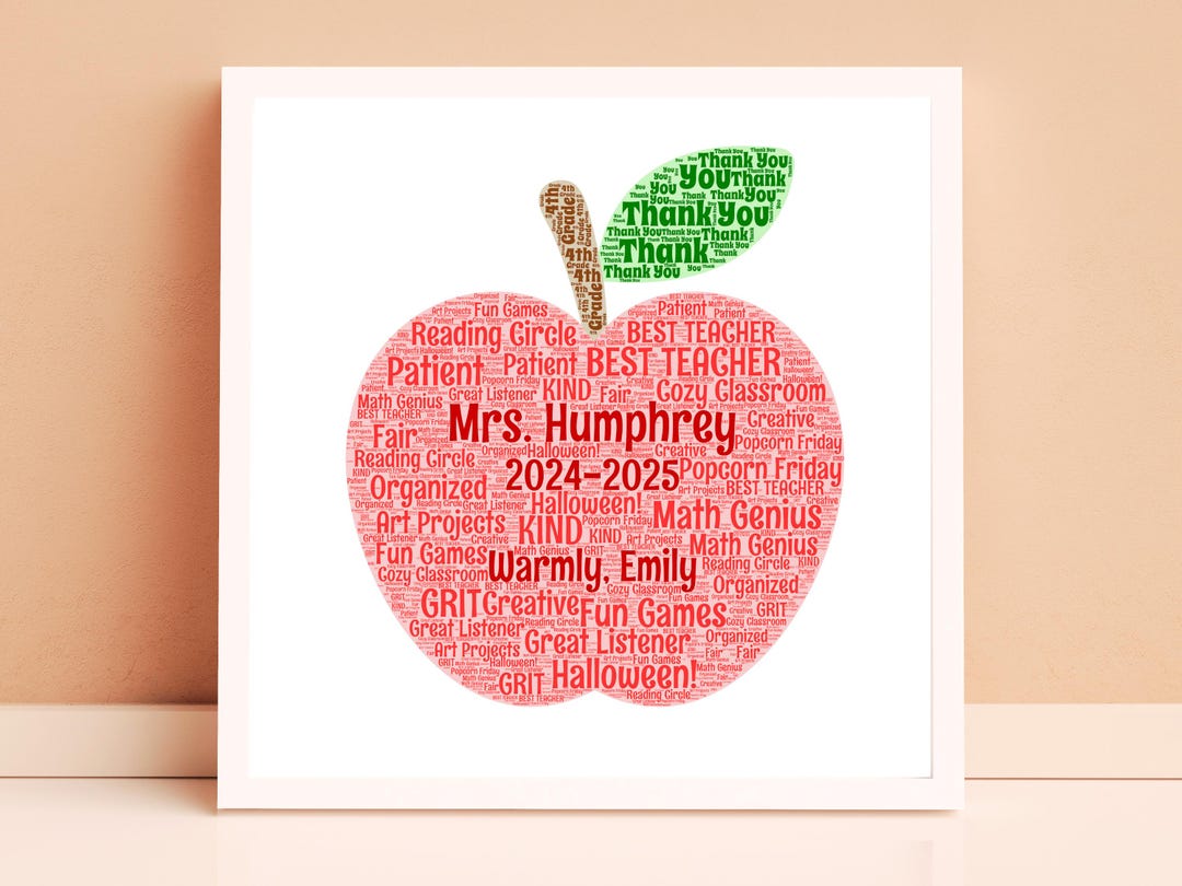 Personalized Teacher Word Cloud – Apple Shape With Descriptive Words ...