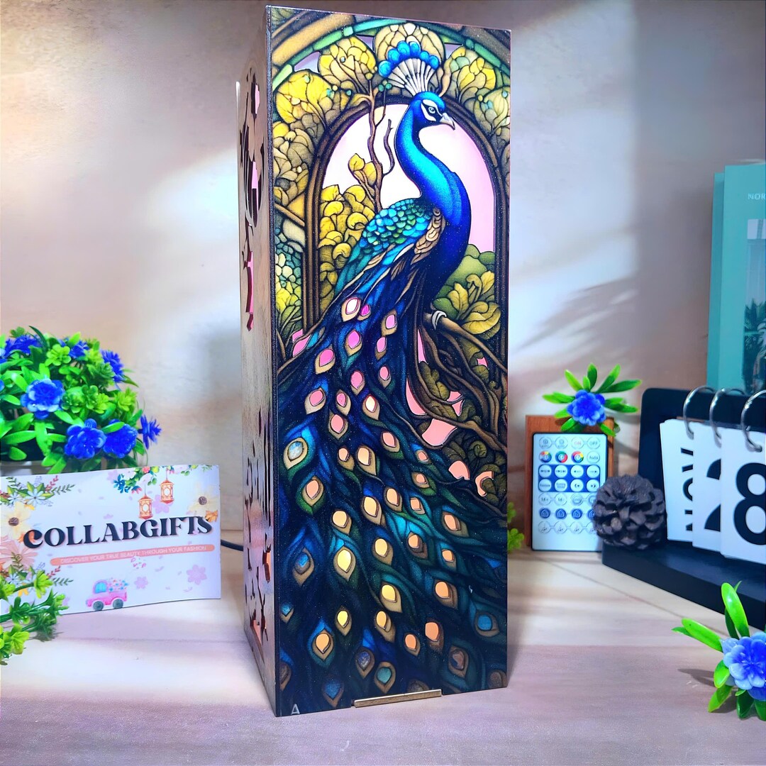 Animal - Inspired Wooden Box Lamp, Peacock, Birds, Fox, and Deer ...